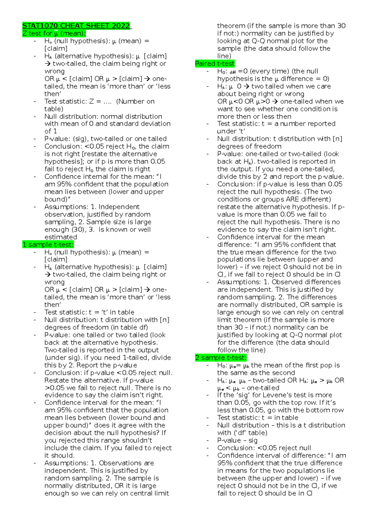 STAT1070 Cheat Sheet: Essential Stats Tests & Procedures 2022 - Studocu