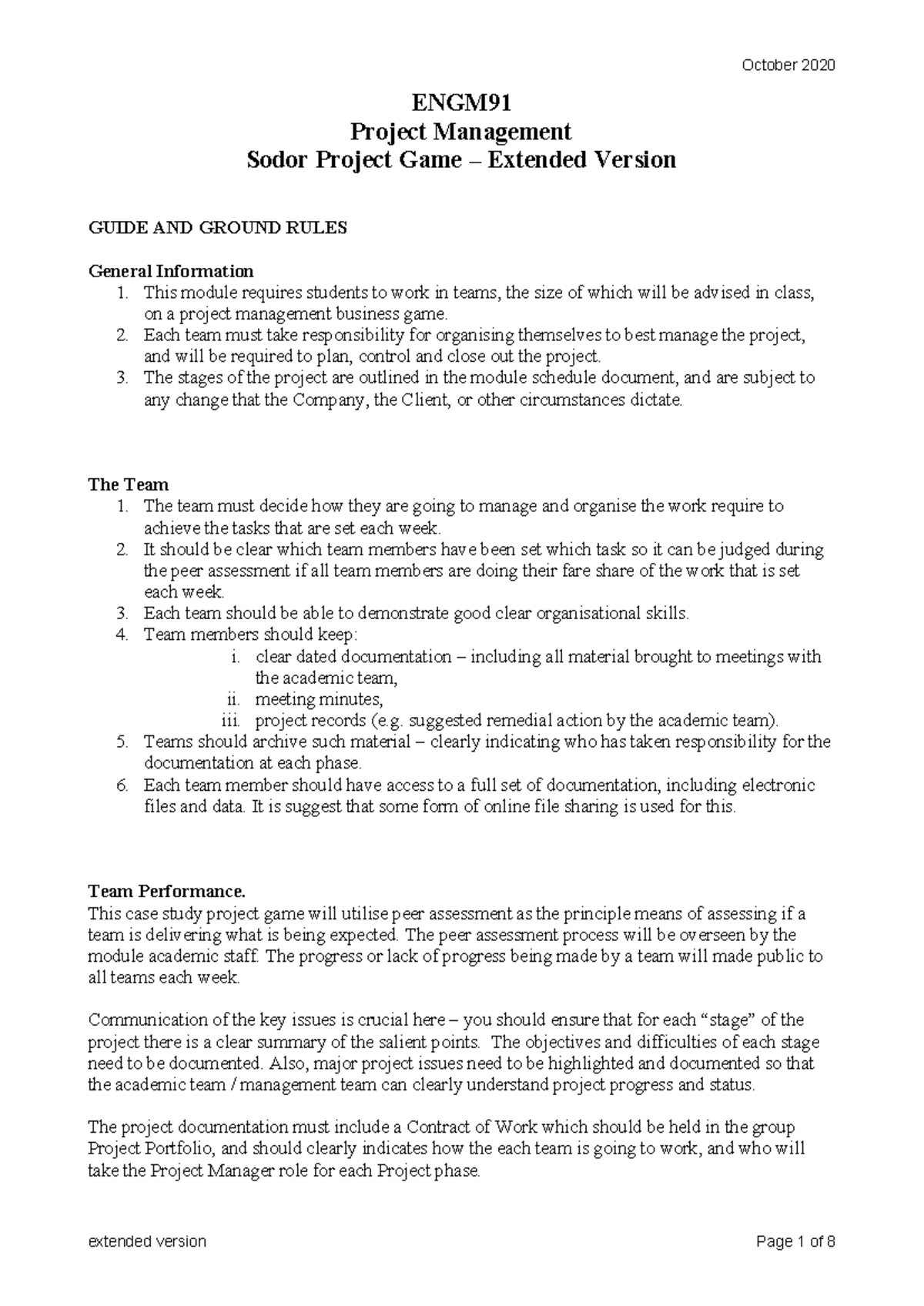 ENGM91 Sodor Project Management Game: Extended Version Guide - Studocu