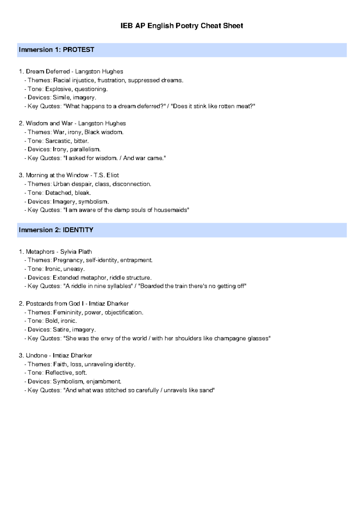 AP English Poetry Cheat Sheet: Themes, Devices & Key Quotes - Studocu