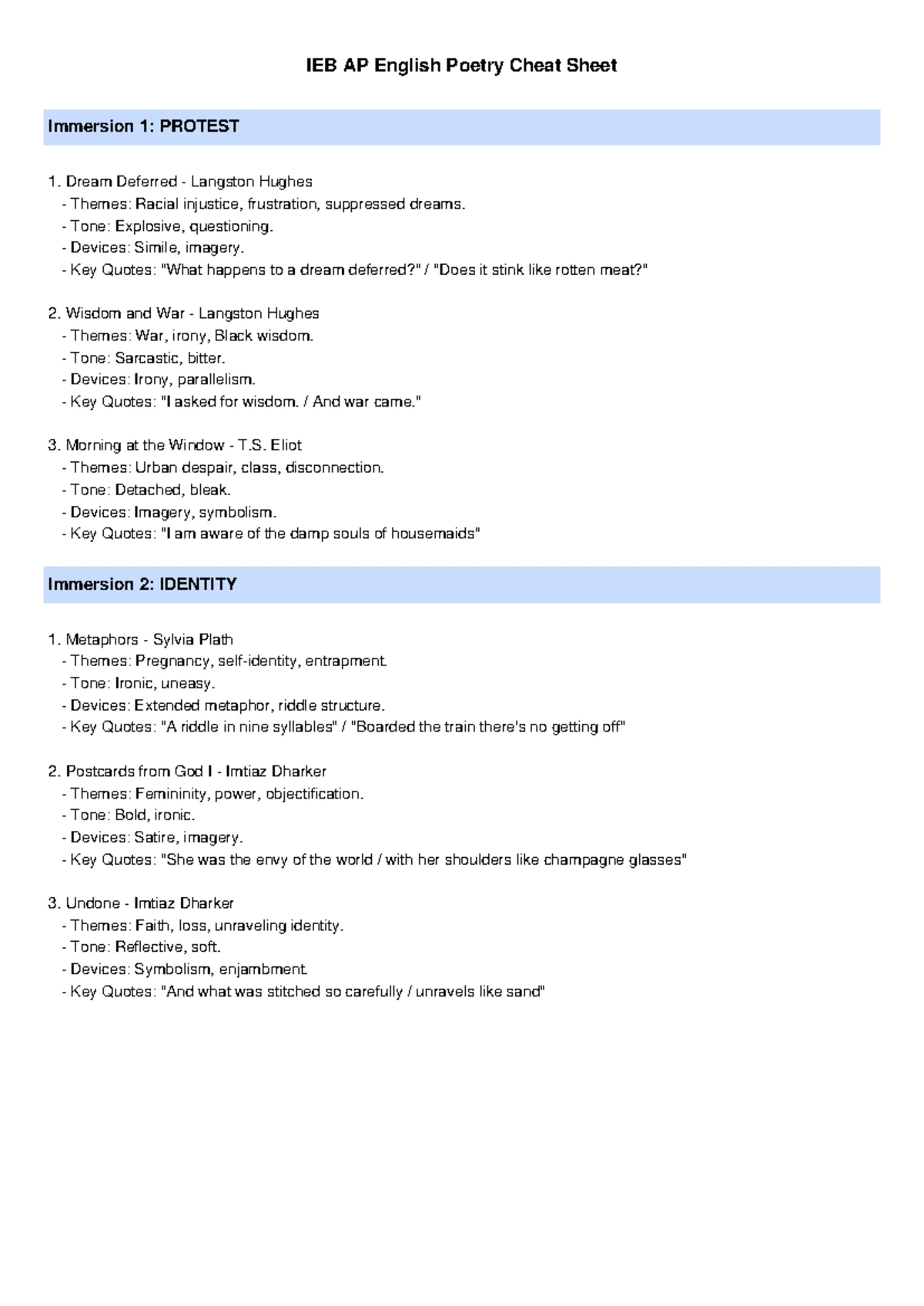 English Grade 12 Poetry Analysis Notes 2025: Themes & Techniques - Studocu