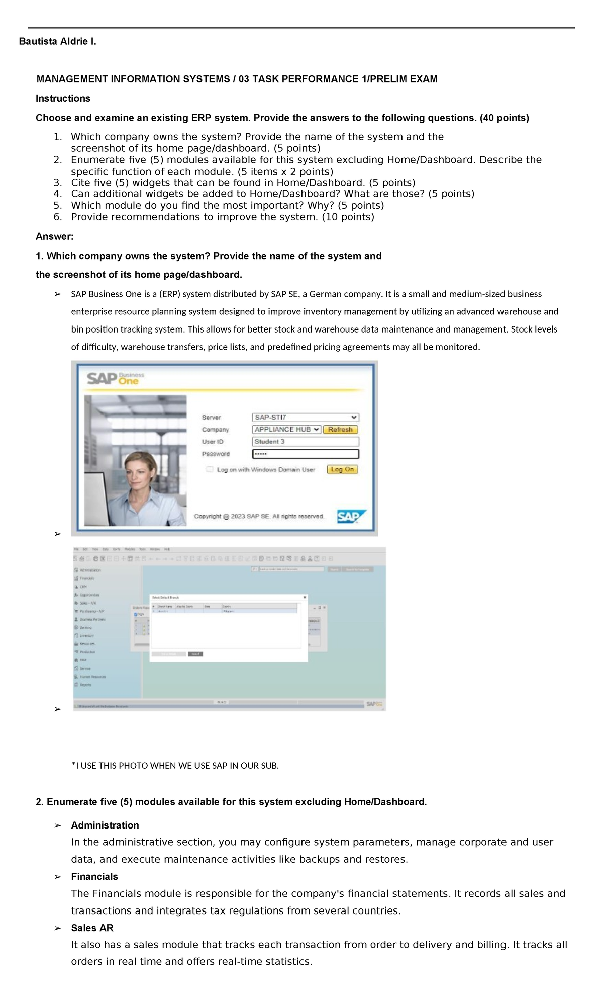03 Task Performance 1 - Examining an ERP System: SAP Business One - Studocu
