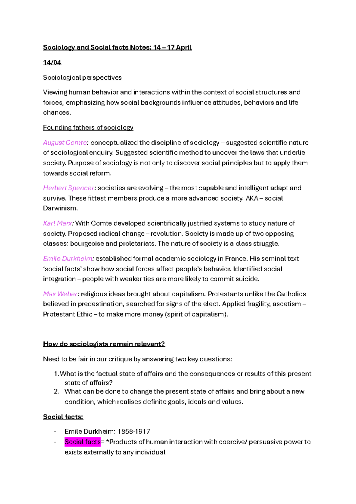 Sociology A2 Final Exam Notes: Key Theories and Social Facts - Studocu