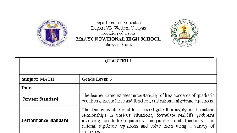 MATH 9: Lesson 1 - Illustrating Quadratic Equations - Studocu