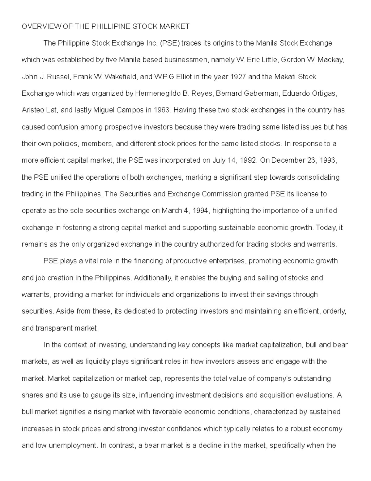Overview of the Philippine Stock Market: Key Concepts and Trends - Studocu
