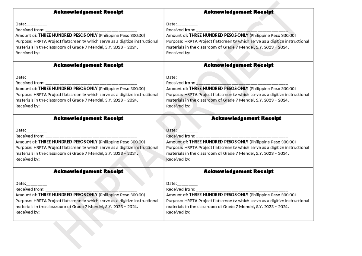HRPTA Project Acknowledgement Receipt Template for Grade 7 - Studocu