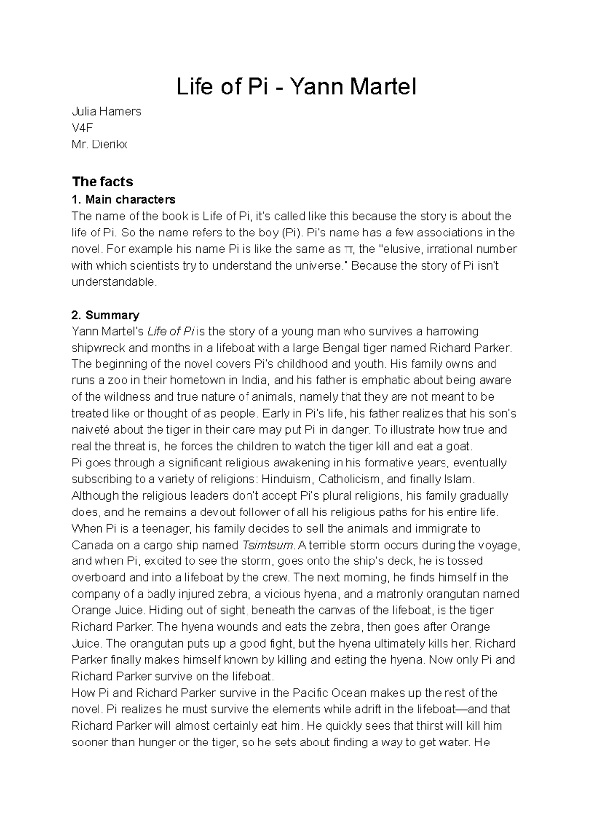 Life of Pi - Yann Martel - Essay Notes and Summary in English - Studeersnel