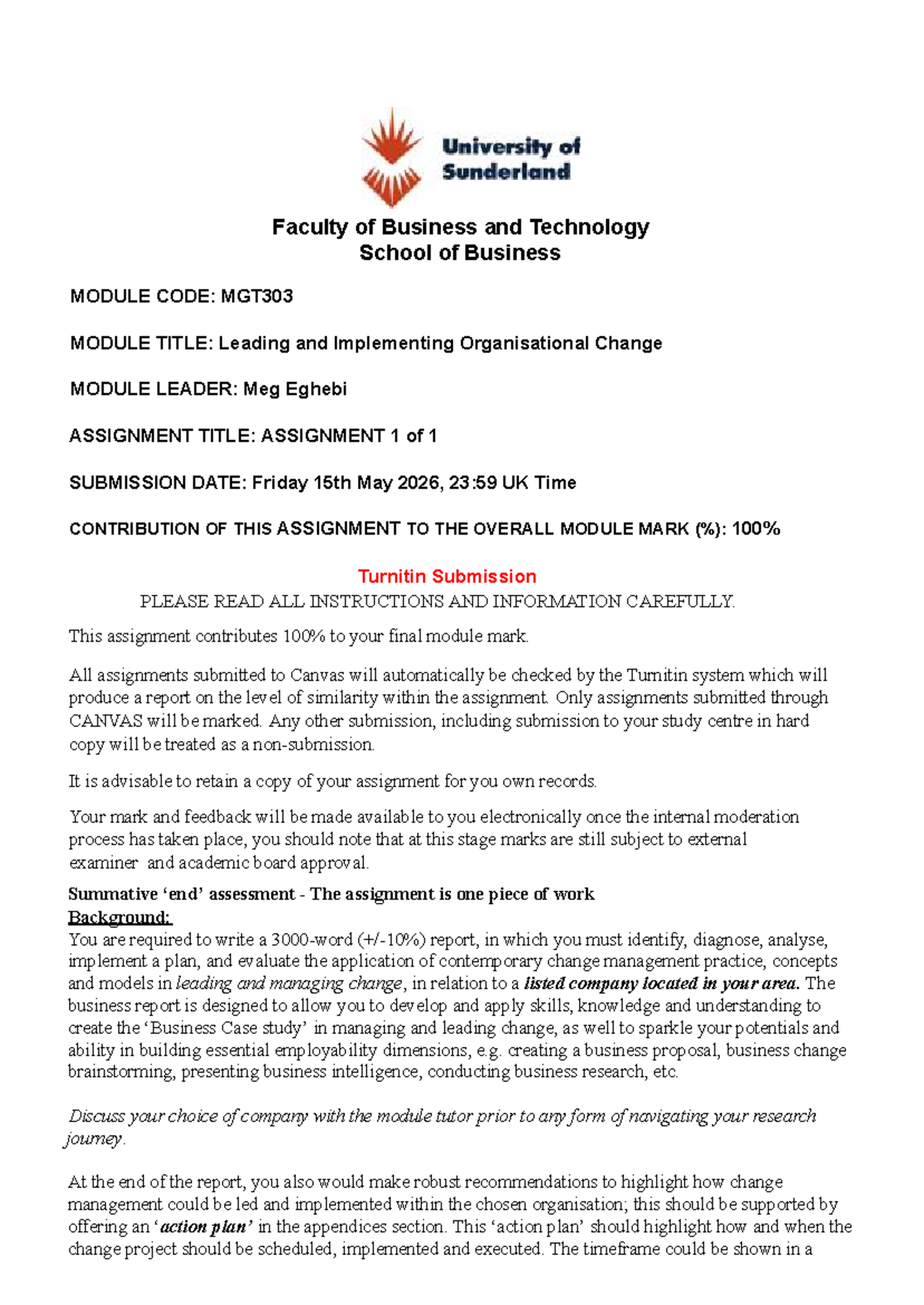 MGT303 Final Assignment: Leading and Implementing Change Report - Studocu