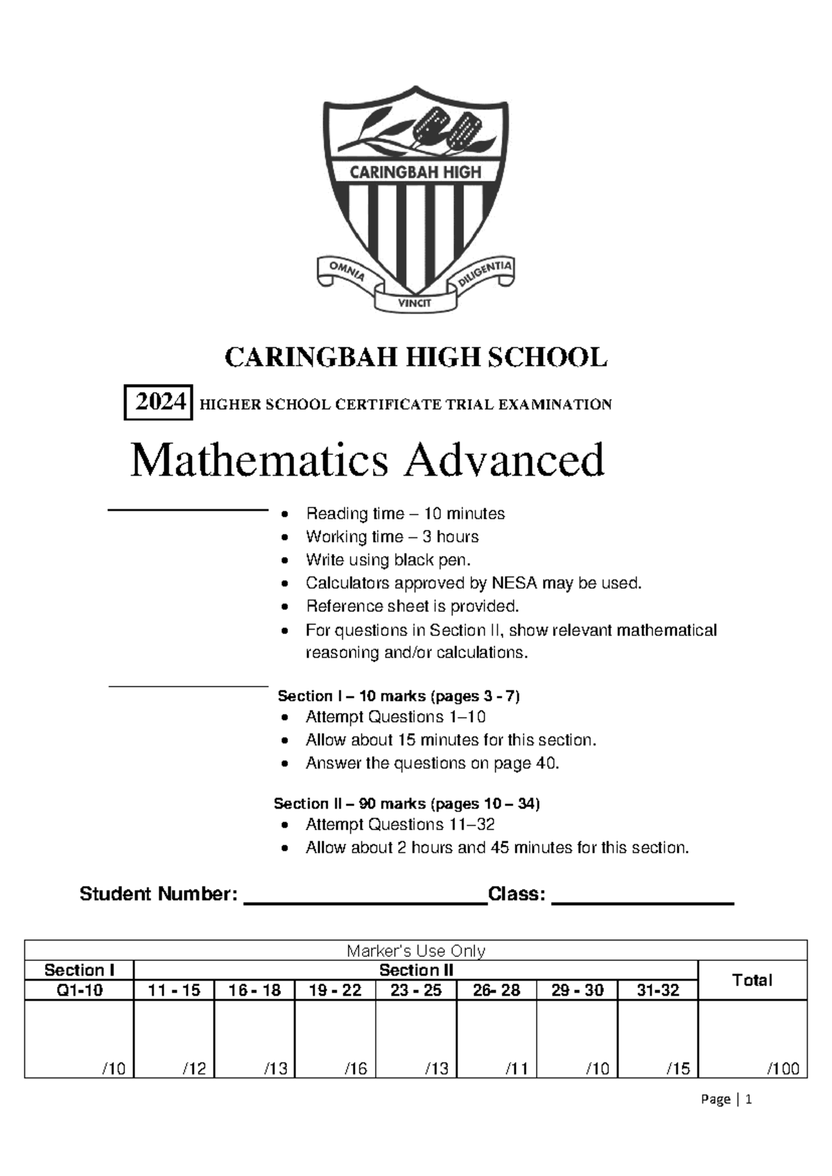 Caringbah High School 2024 HSC Trial Exam: Mathematics Advanced - Studocu