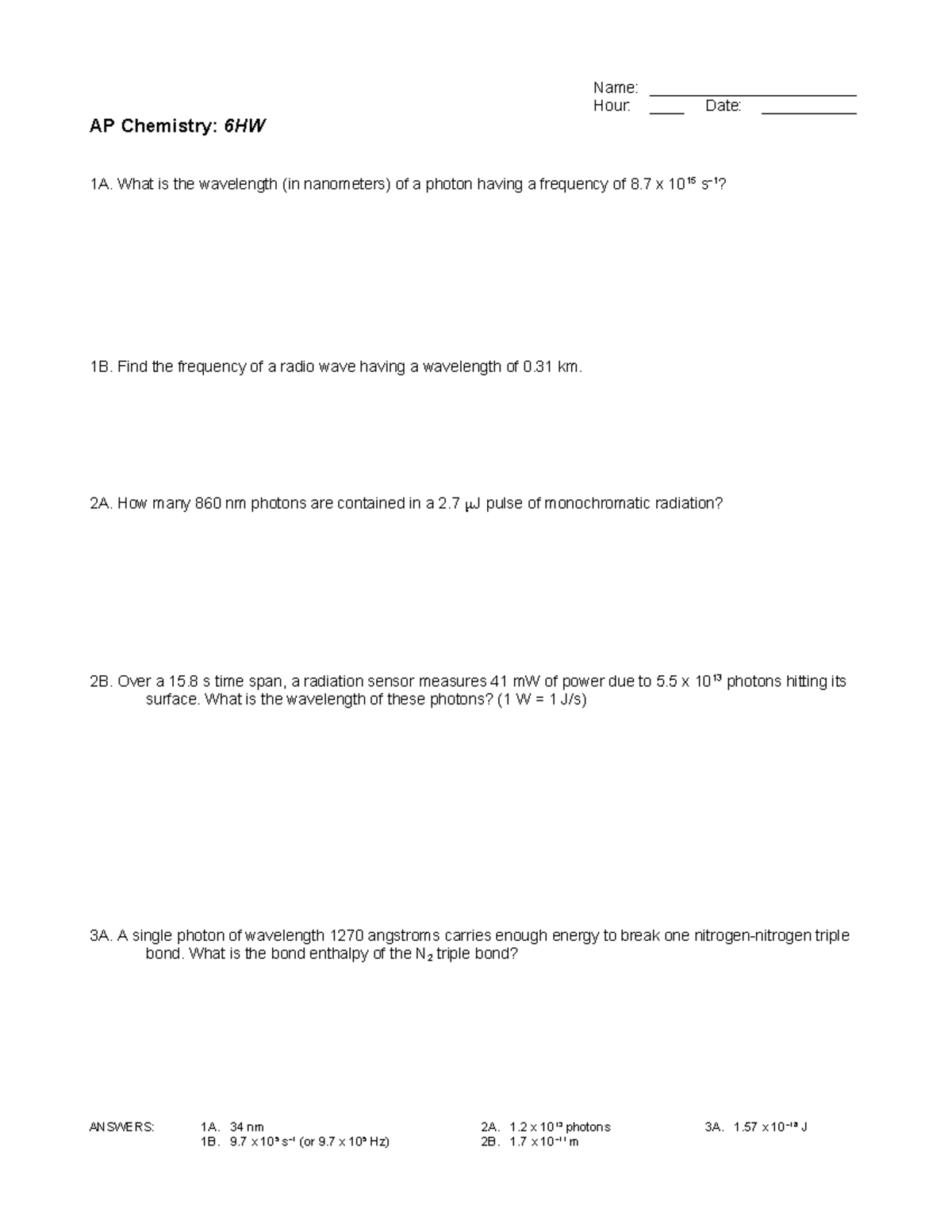 AP Chemistry 6HW 1A: Photon Wavelength & Energy Calculations - Studocu