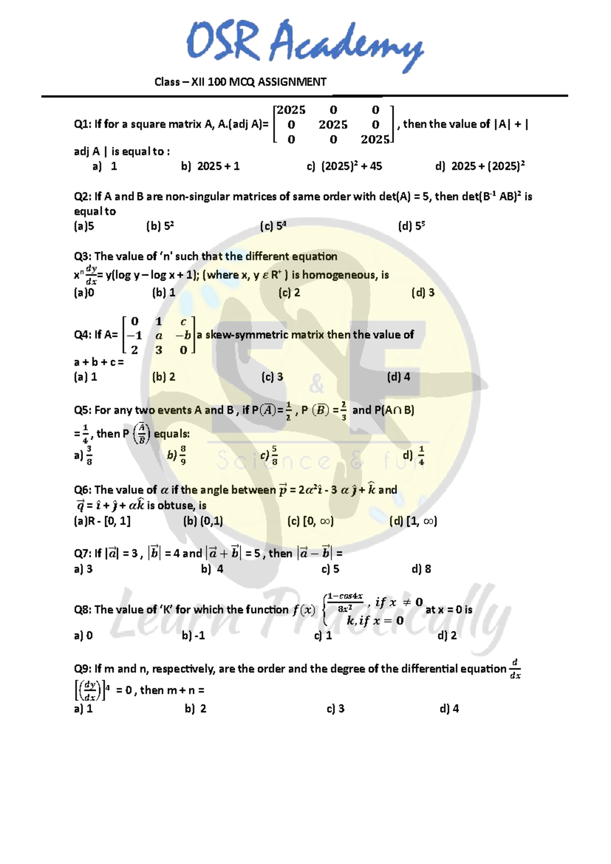 MATH 100 MCQ Assignment: Class XII Questions and Solutions - Studocu