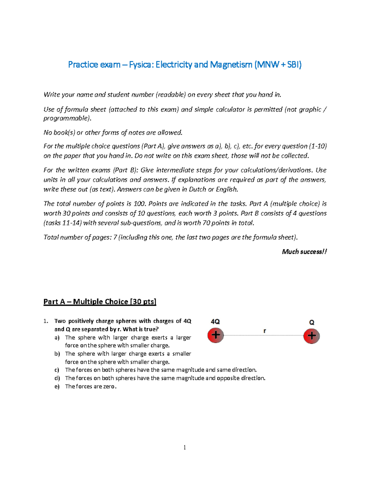 Practice Exam - Fysica: Electricity and Magnetism (MNW + SBI) - Studeersnel