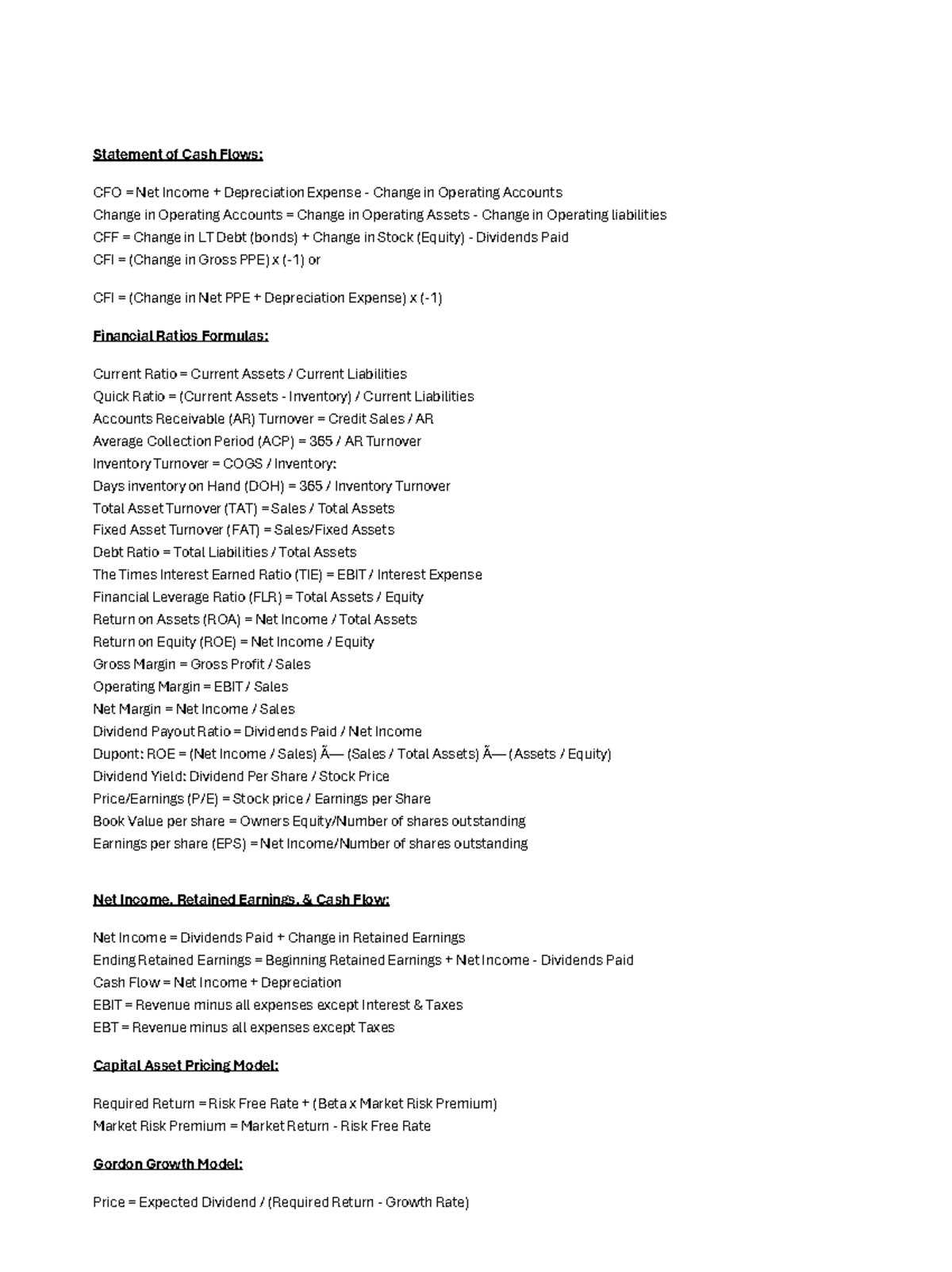C214 Formulas - Statement of Cash Flows: CFO = Net Income ...
