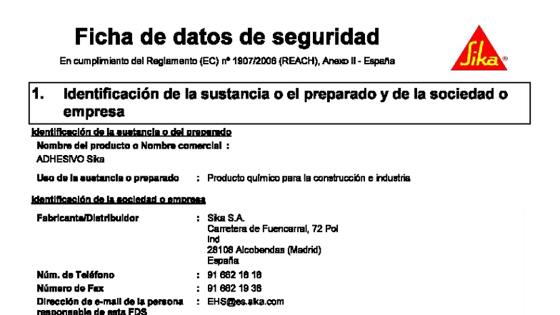 MSDS SIKA: Hoja de Seguridad del Adhesivo Sellador - Studocu