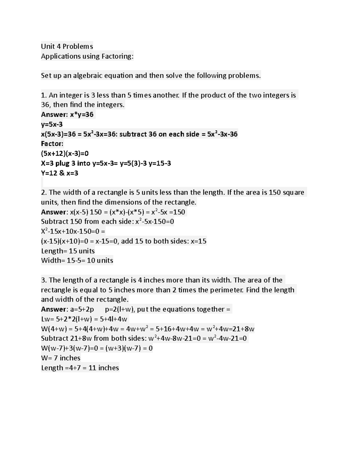 MA109 Unit#4 Algebra - Unit 4 Problems Applications using Factoring: Set up an algebraic ...