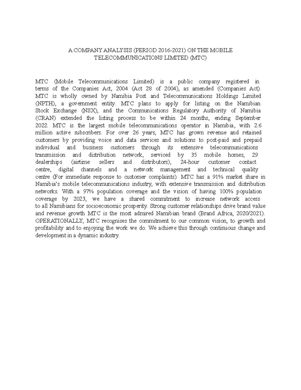 MTC Case Study: Analysis of Mobile Telecommunications (2016-2021) - Studocu