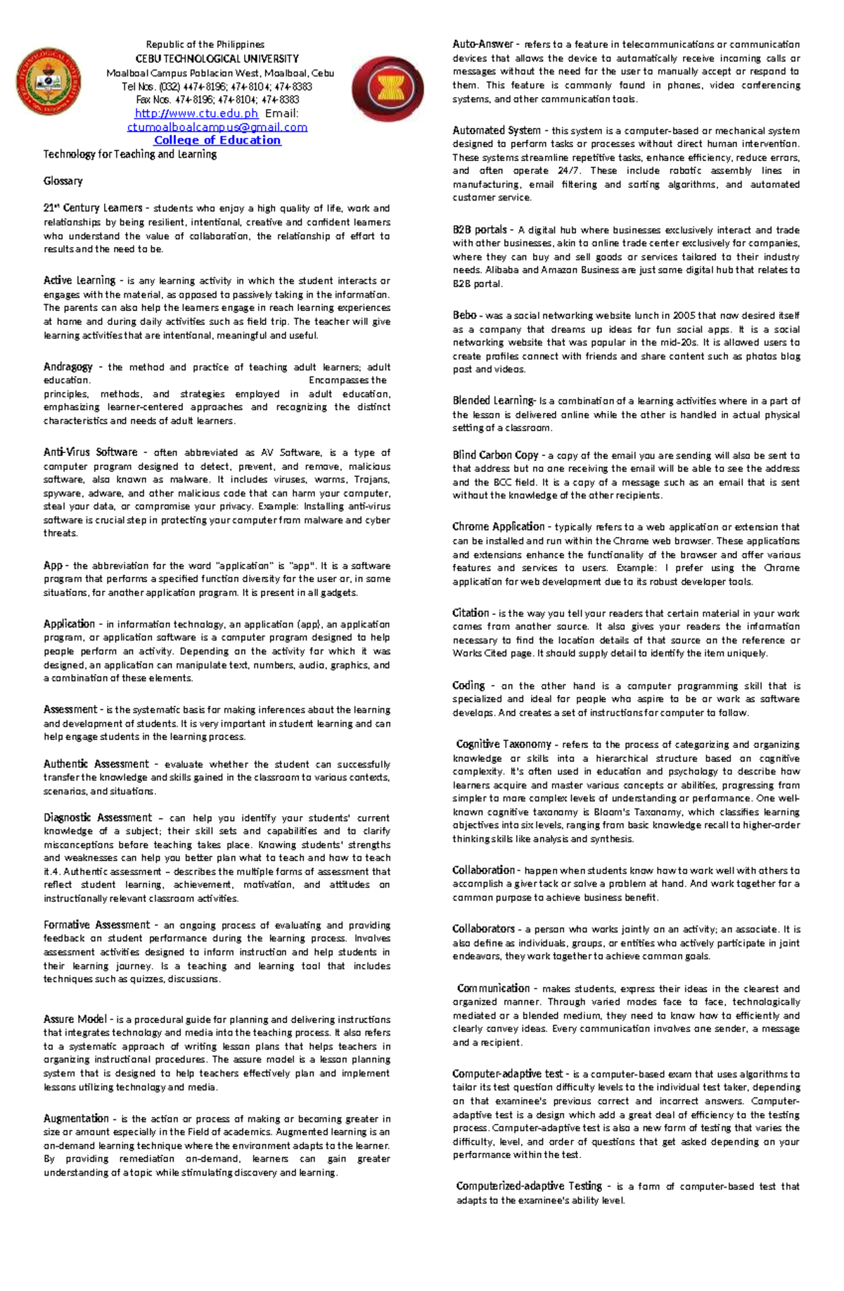 TTL-Glossary: Key Terms for 21st Century Learning and Technology - Studocu