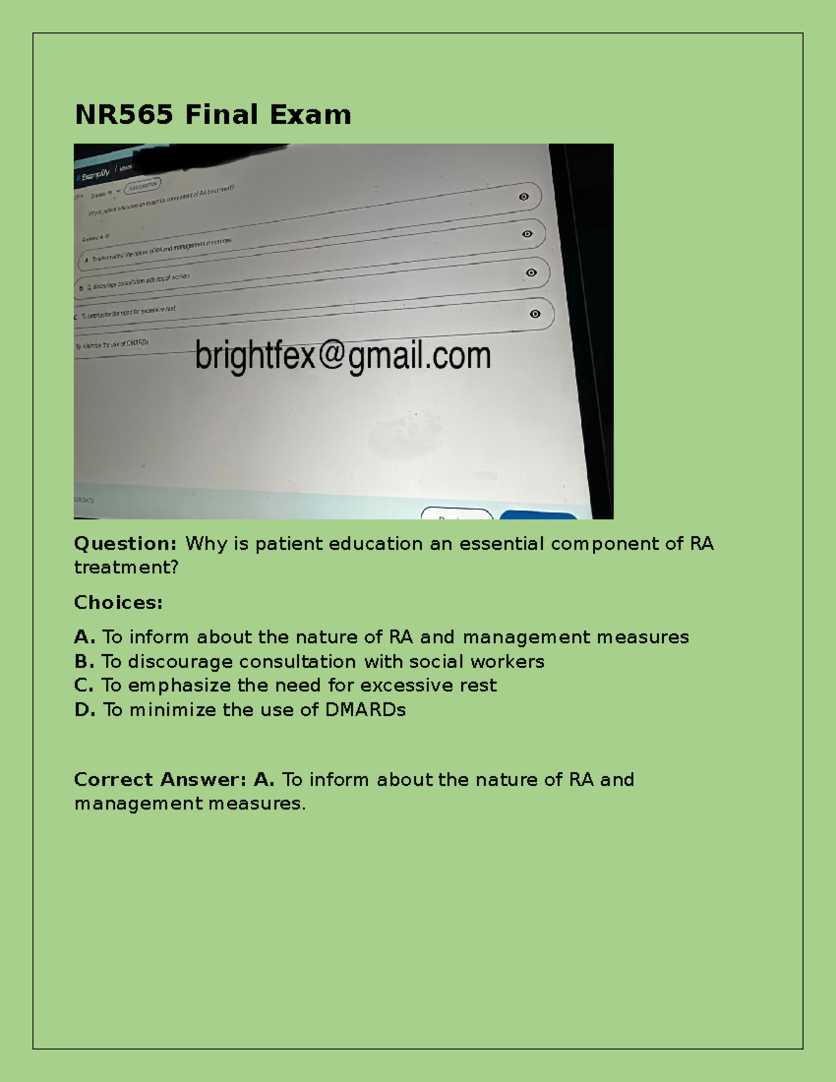 NR509 Midterm Exam: Key Questions on RA Treatment & Opioid Overdose ...