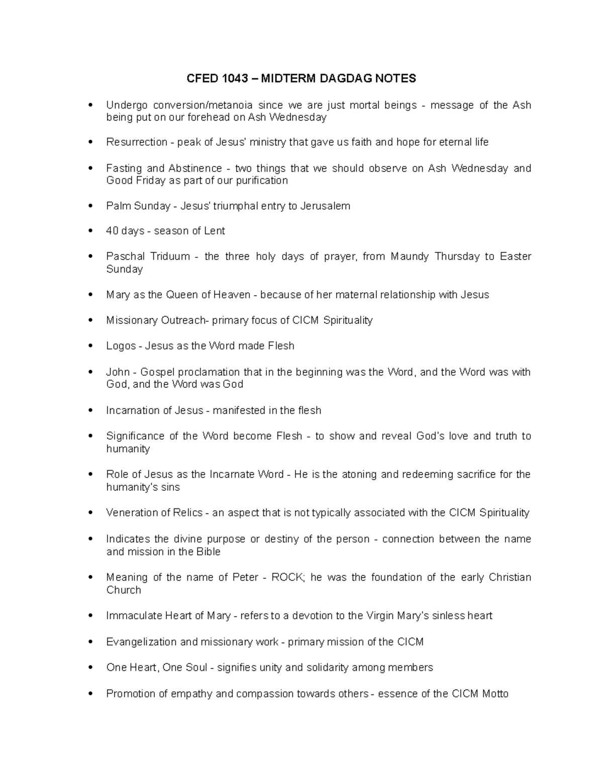 CFED 1043 MIDTERM NOTES: Insights on Ash Wednesday & CICM Spirituality ...