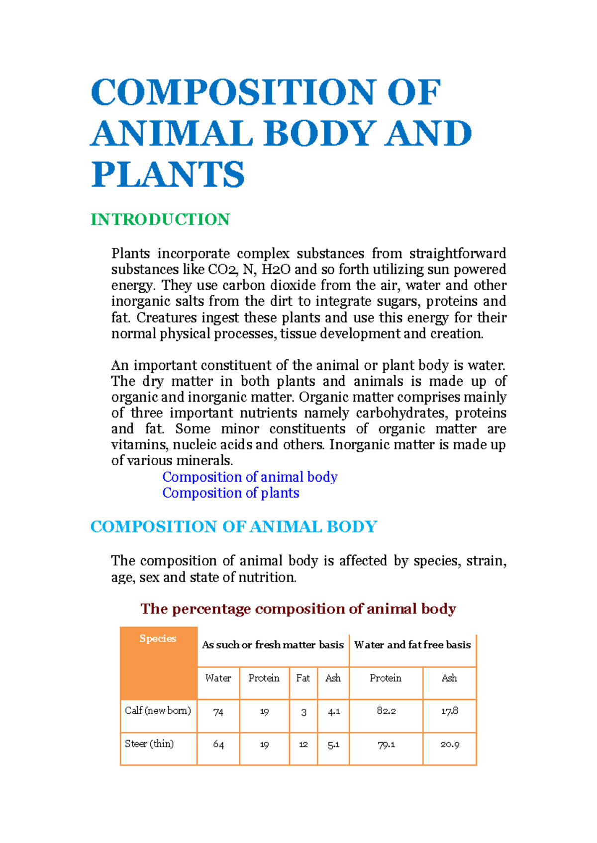 Composition OF Animal BODY AND Plants - COMPOSITIONOF ANIMALBODY AND ...