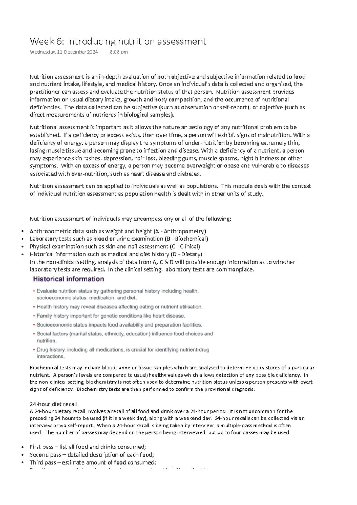 Week 6: Nutrition Assessment Overview and Methods - Studocu