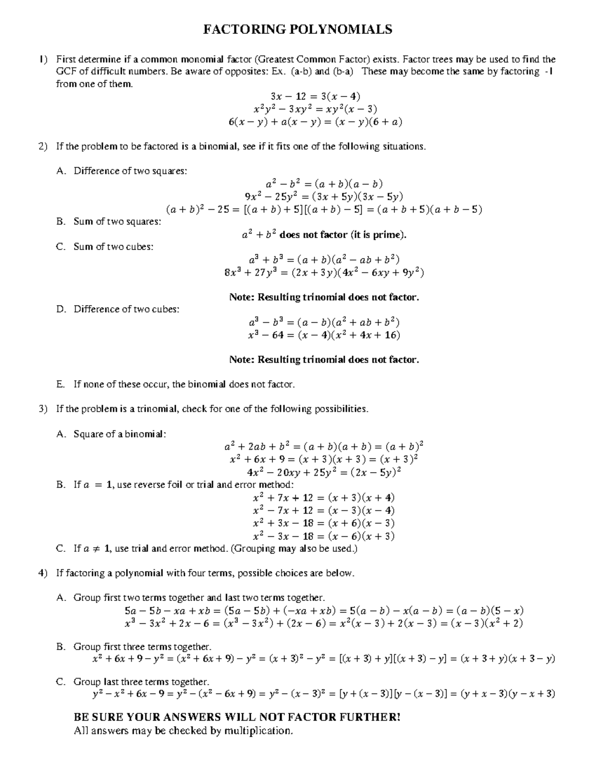 Factoring Polynomials: GCF, Binomials, and Trinomials (MATH 260512 ...