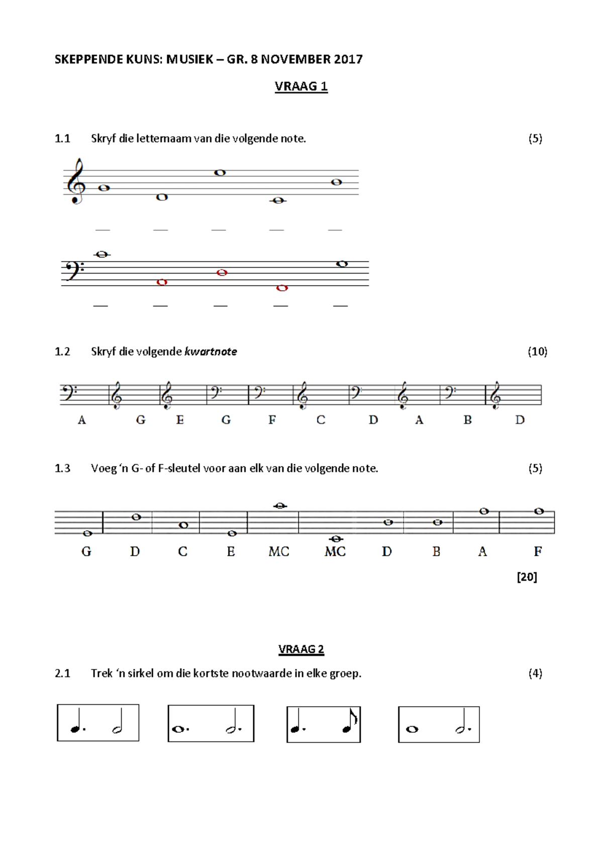 Graad 8 Skeppende KUNS Musiek - November 2017 Eksamen Vrae - Studocu