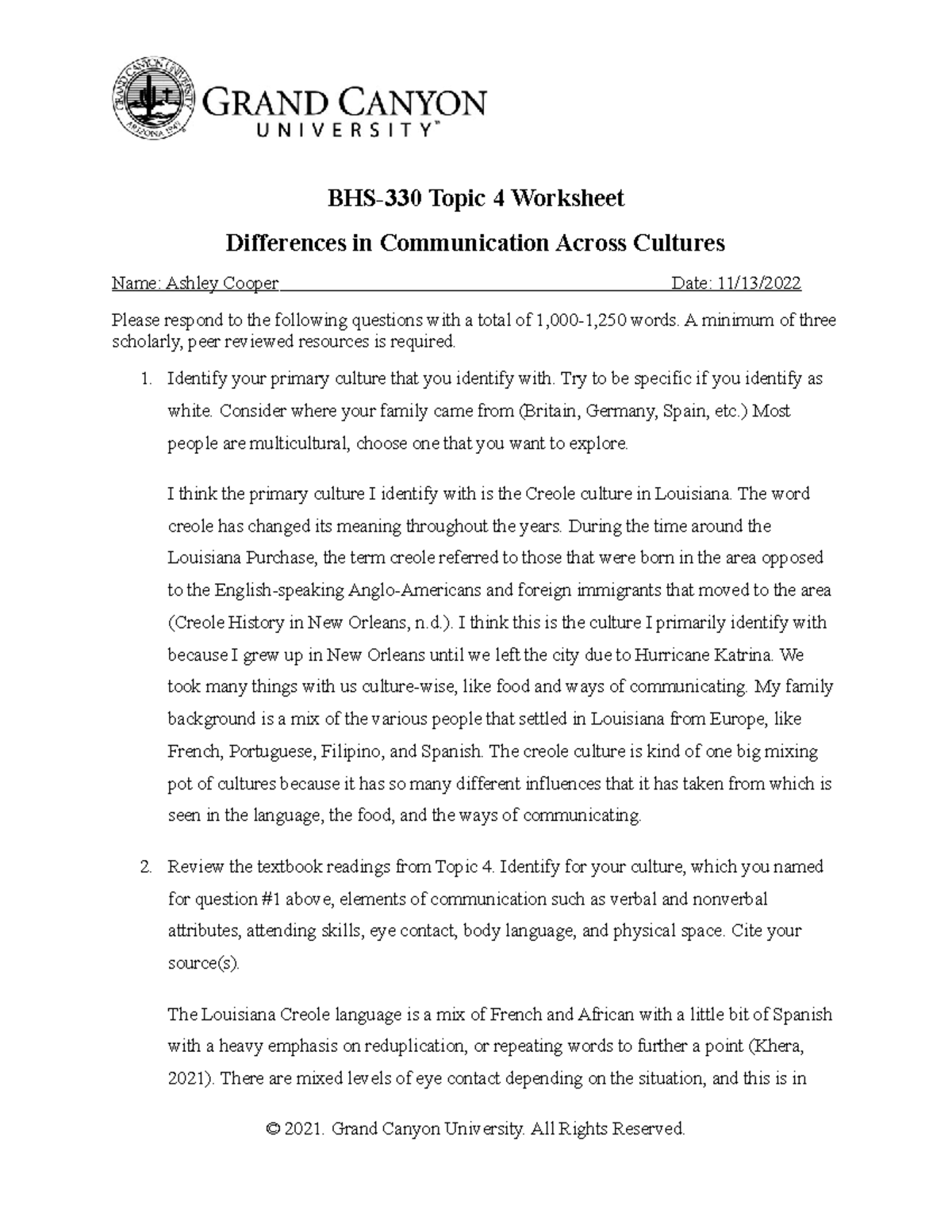 BHS 330 RS T4 Differences In Communication Across Cultures Worksheet ...