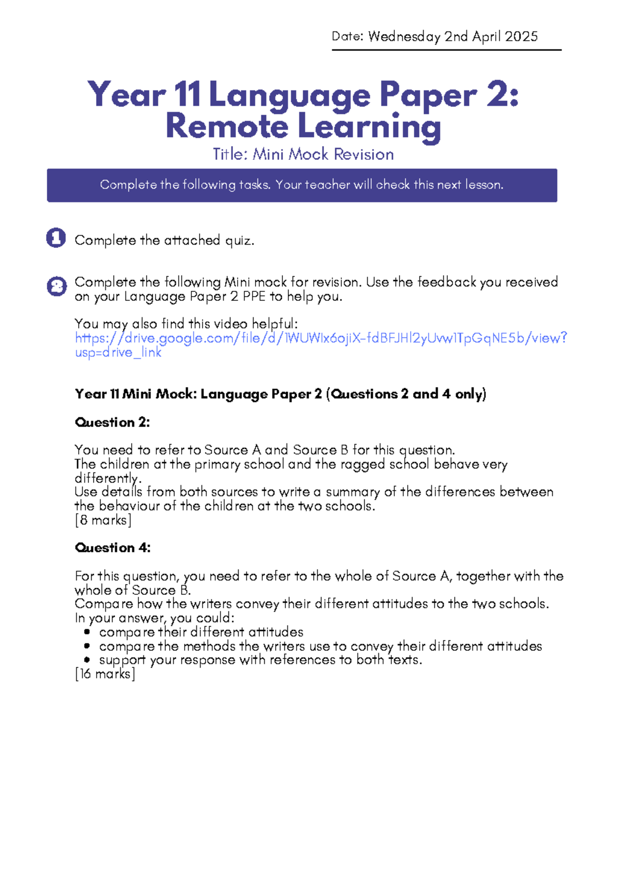 Year 11 Language Paper 2: Mini Mock Revision Guide - Studocu