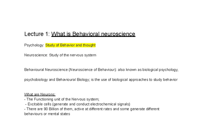 Neuro Psych Info: Lecture 1 - Lecture 1: What is Behavioral ...