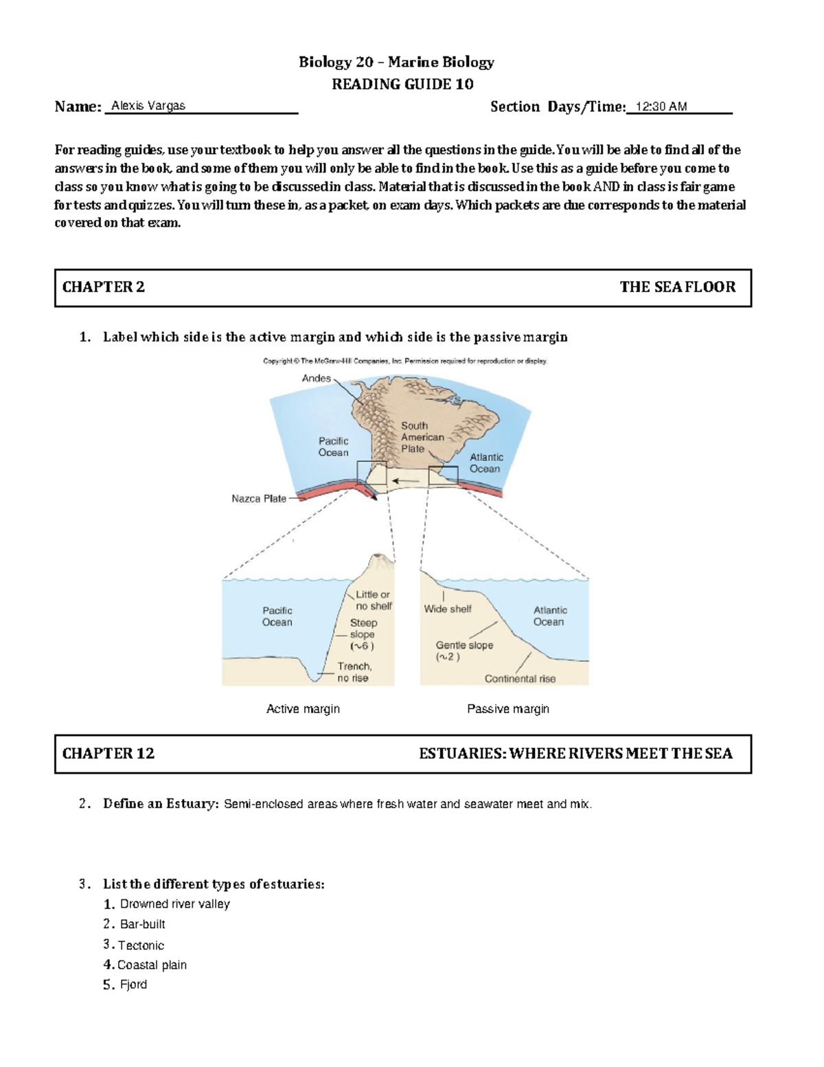 Biology 20 - Marine Biology Reading Guide: Estuaries & Sea Floor ...