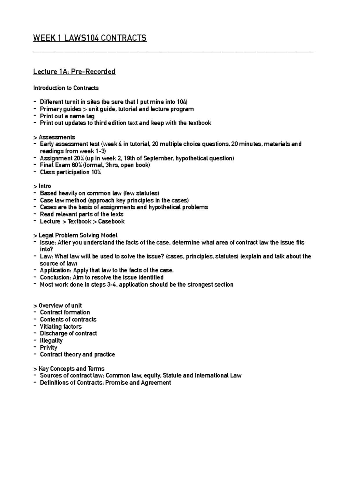 Week 1 Laws104 Contracts - WEEK 1 LAWS104 CONTRACTS - Studocu