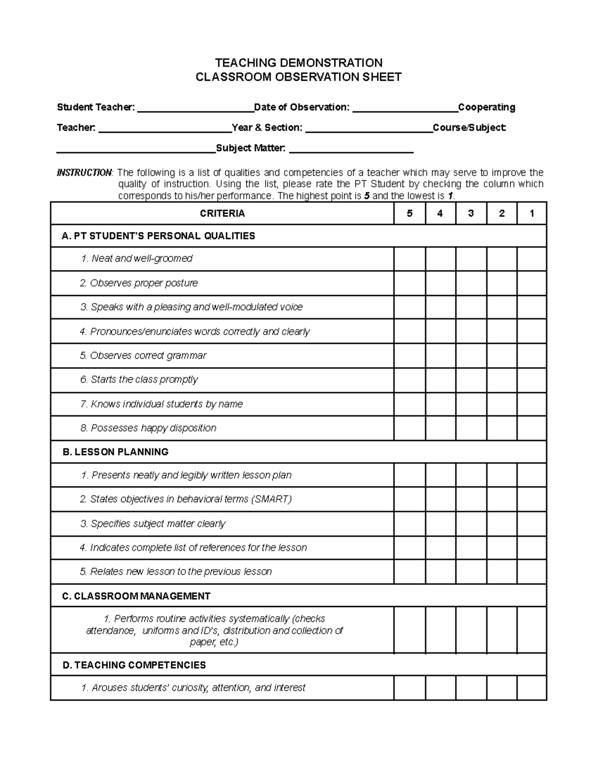 TEACHING DEMONSTRATION OBSERVATION SHEET RUBRICS - Studocu