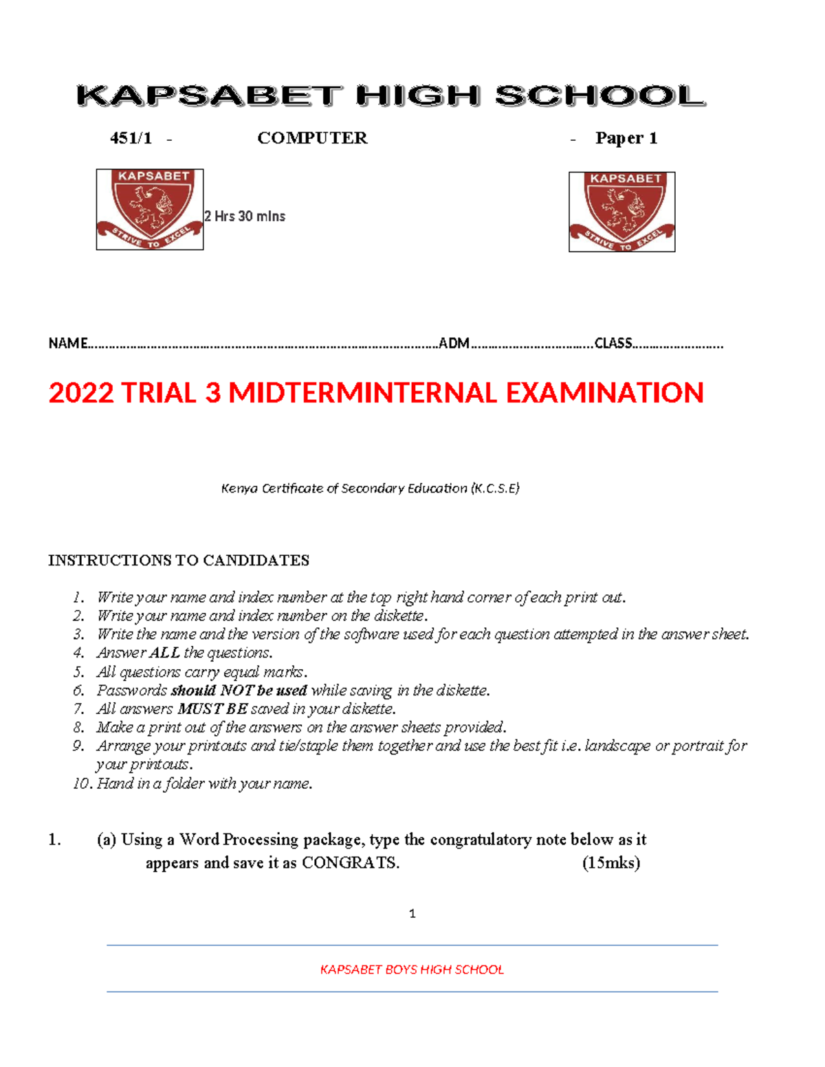 COMP 2022 MIDTERM PRACTICAL EXAM PAPER 1 - K.C.S.E. - Studocu