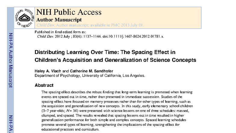 Child Development Study: The Spacing Effect on Learning (NIHMS 365124 ...