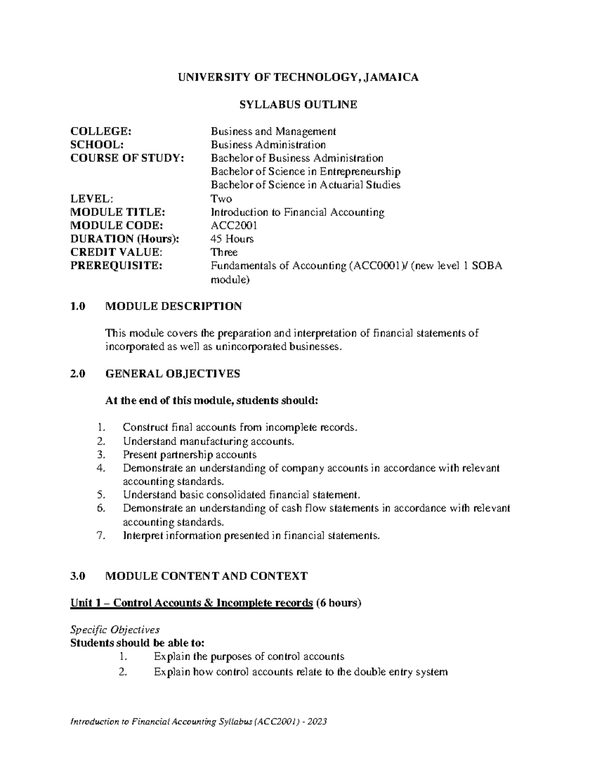 Introduction to Financial Accounting Syllabus (ACC2001) 2023 - Studocu