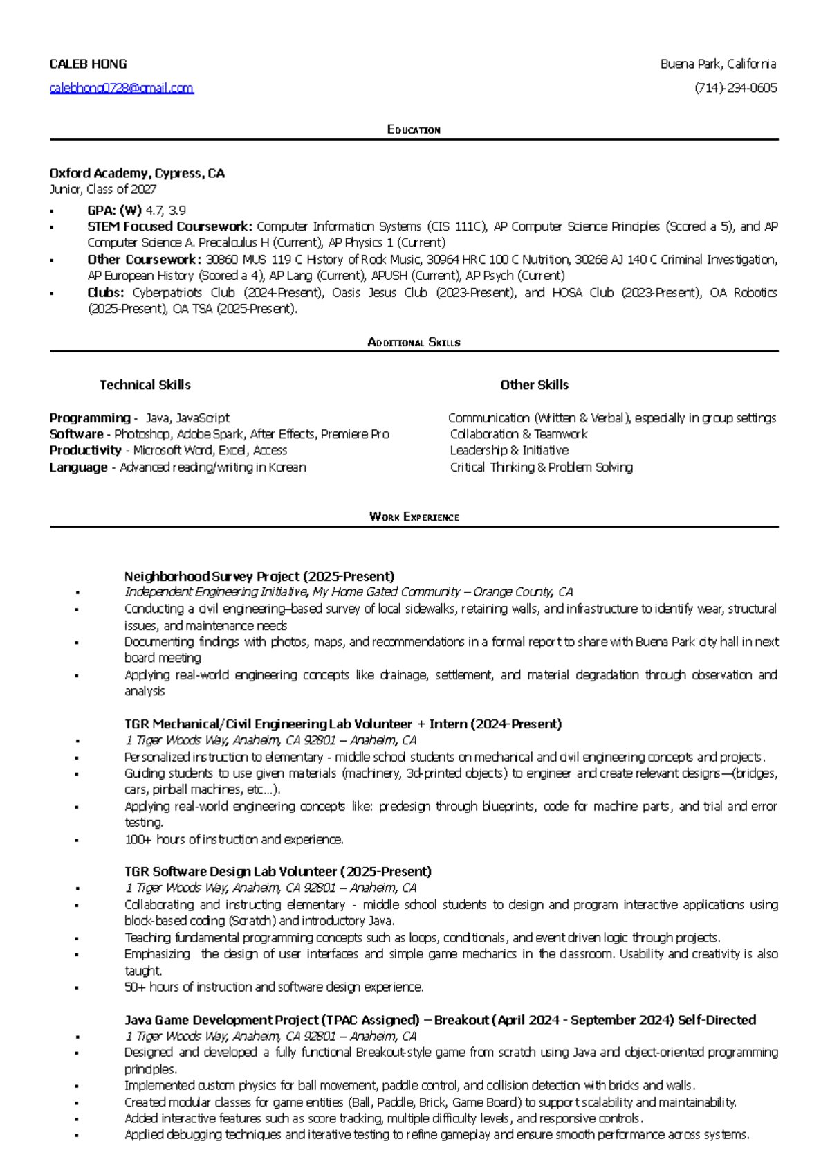 CALEB FRC Resume: STEM Focus, Skills & Experience Overview - Studocu