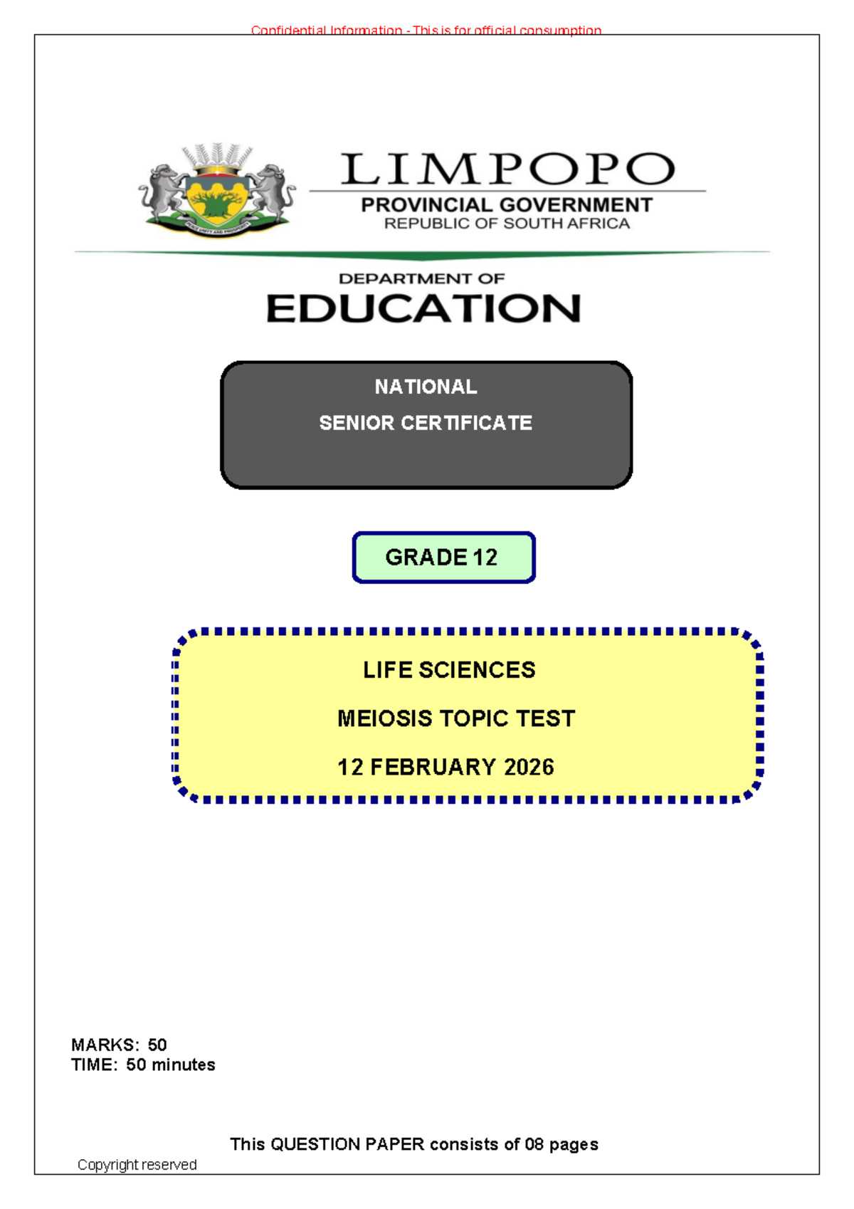 NSC Grade 12 Life Sciences Meiosis Topic Test - 12 Feb 2026 - Studocu