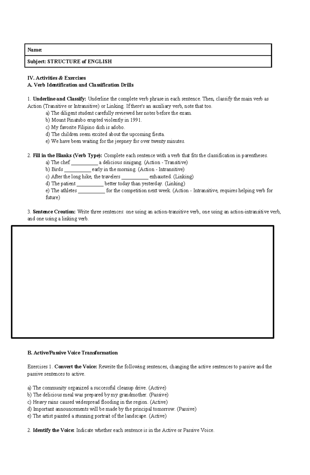 Activities for Verb Identification and Voice Transformation in SOE IV ...