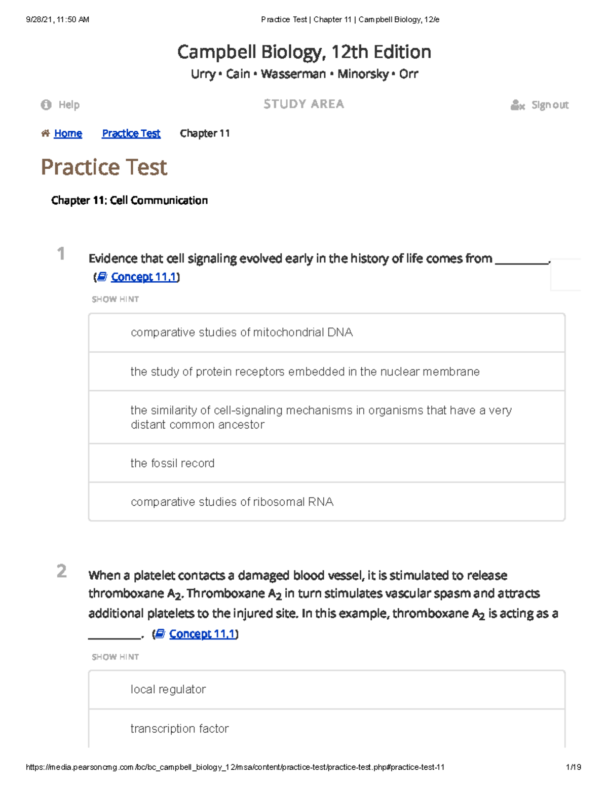 Practice Test Chapter 11 Campbell Biology, 12 e - 1 2 Home Practice ...