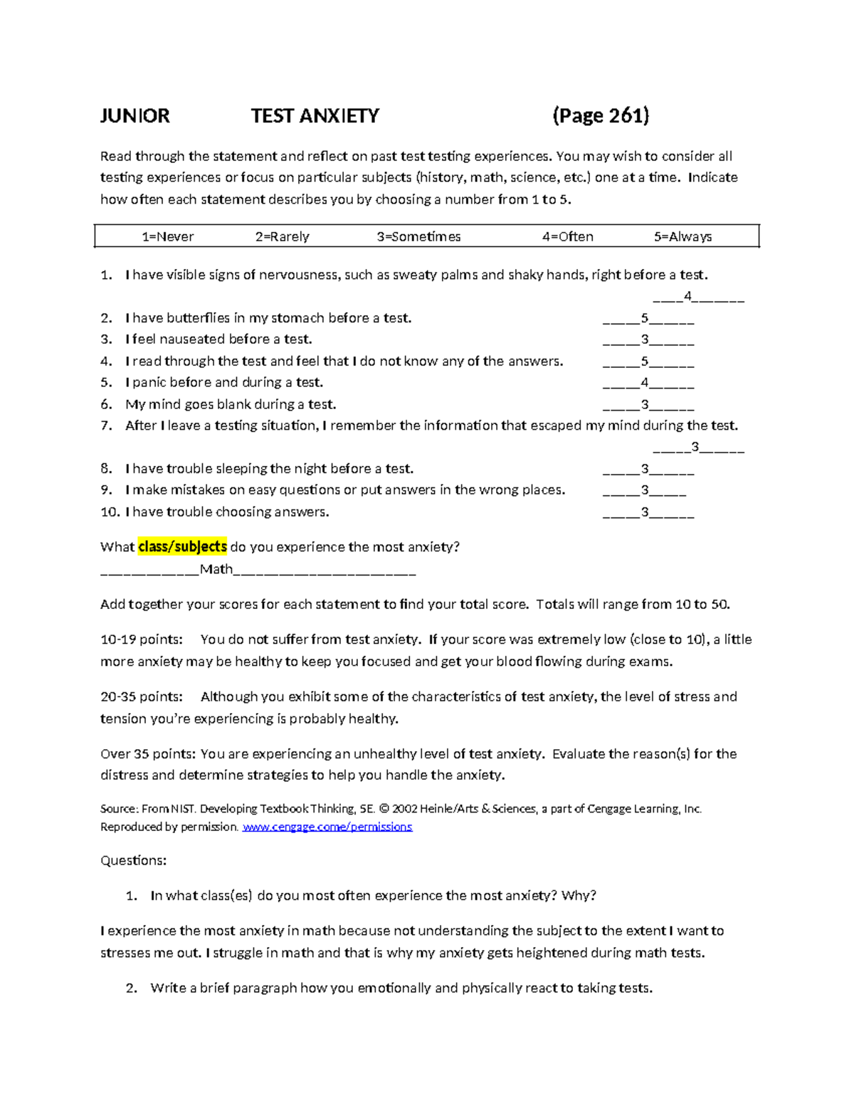 JUNIOR TEST ANXIETY REFLECTION & STRATEGIES (Page 261) - Studocu