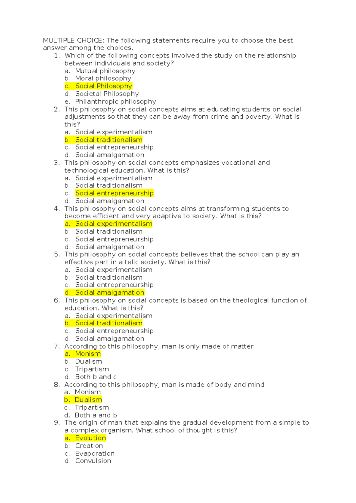 MULTIPLE CHOICE: Social Philosophy Concepts - Practice Test 4 - Studocu