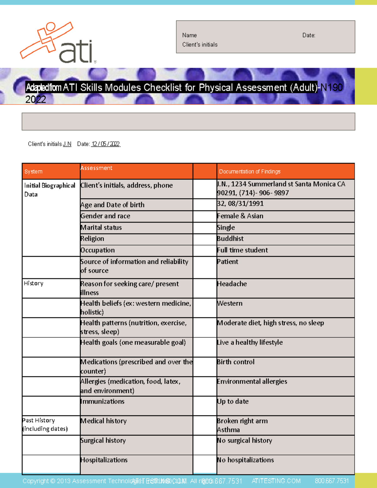 ATI Physical Assessment Worksheet: Detailed Client Evaluation Report ...