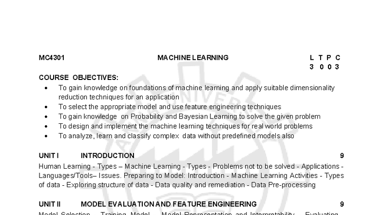 MC4301 MACHINE LEARNING: Course Overview and Key Concepts - Studocu