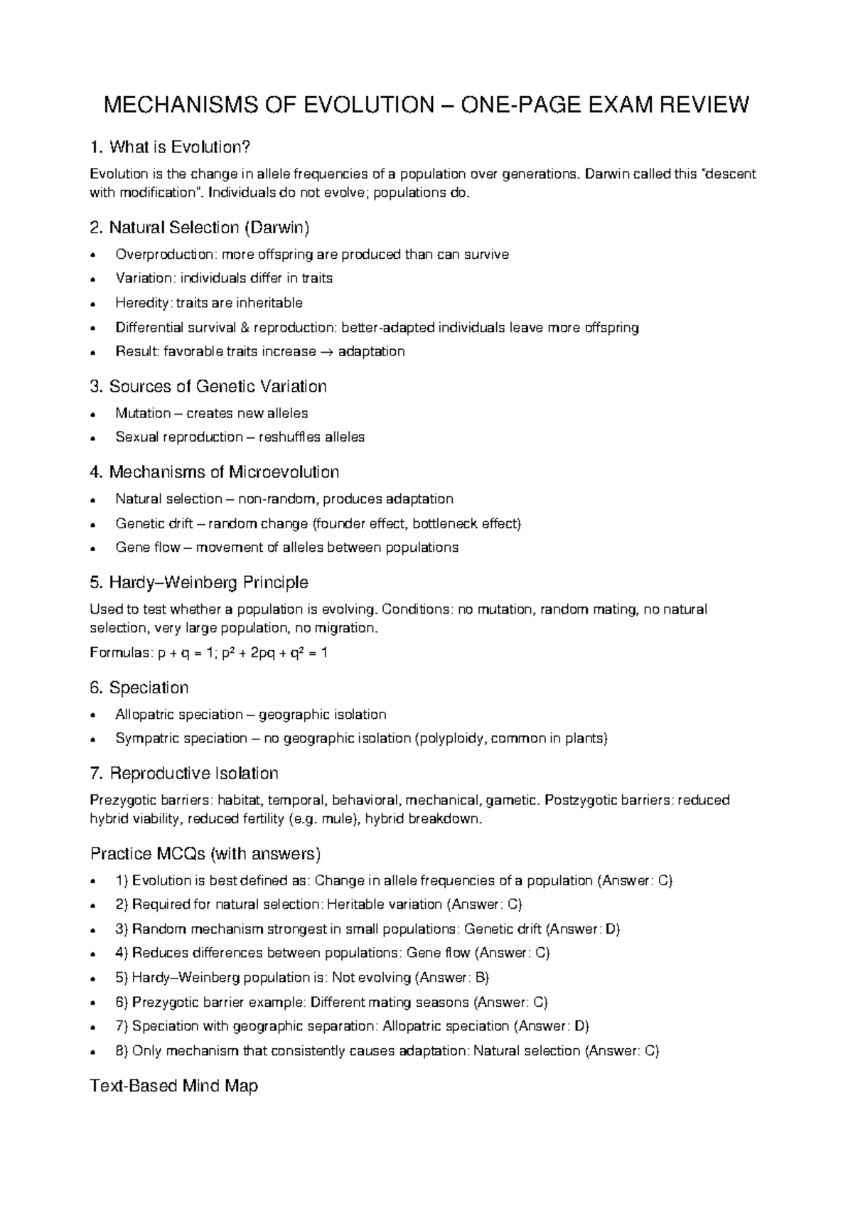 BIO 101: Evolution One Page Exam Review Guide - Studocu