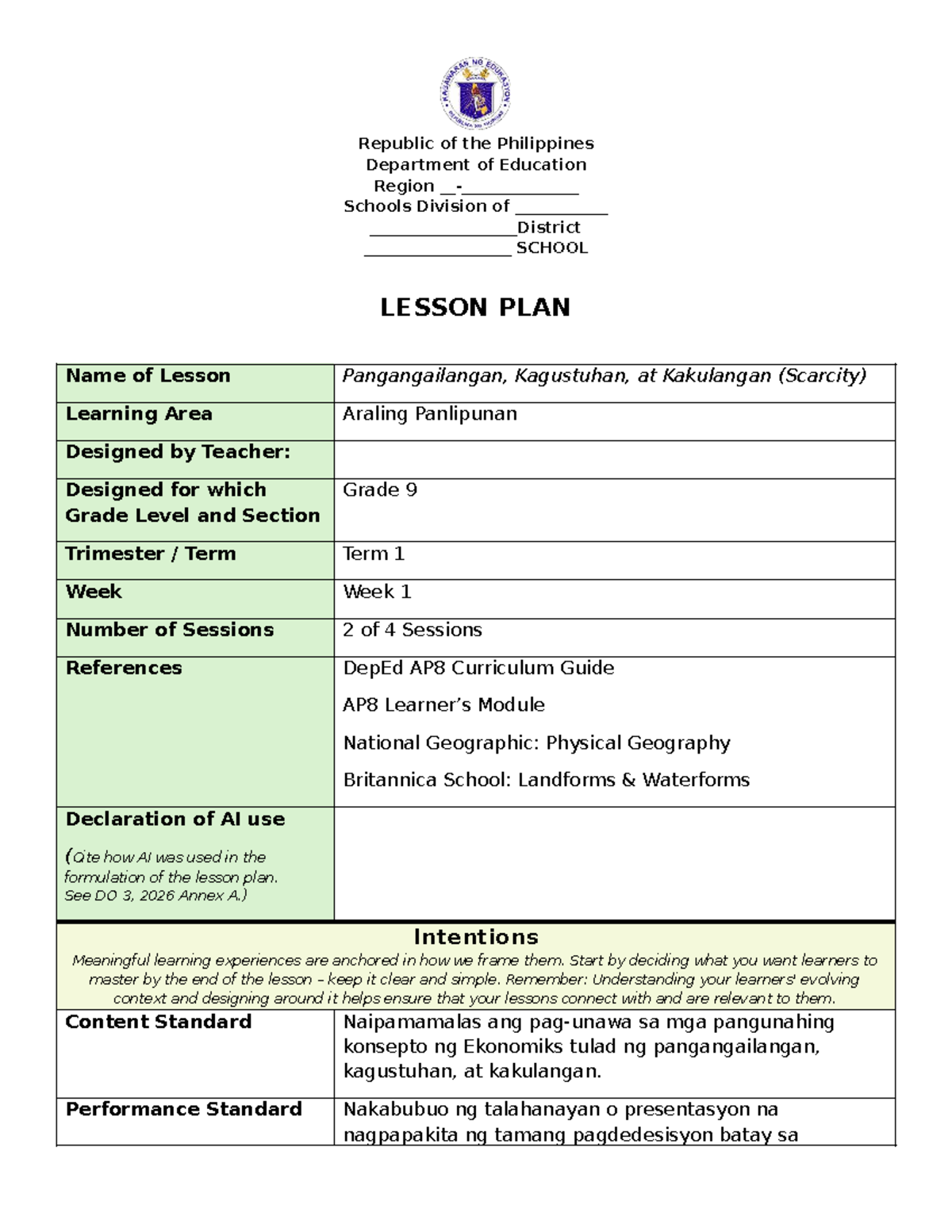 AP9 Lesson Plan: Pangangailangan, Kagustuhan, at Kakulangan (Scarcity ...