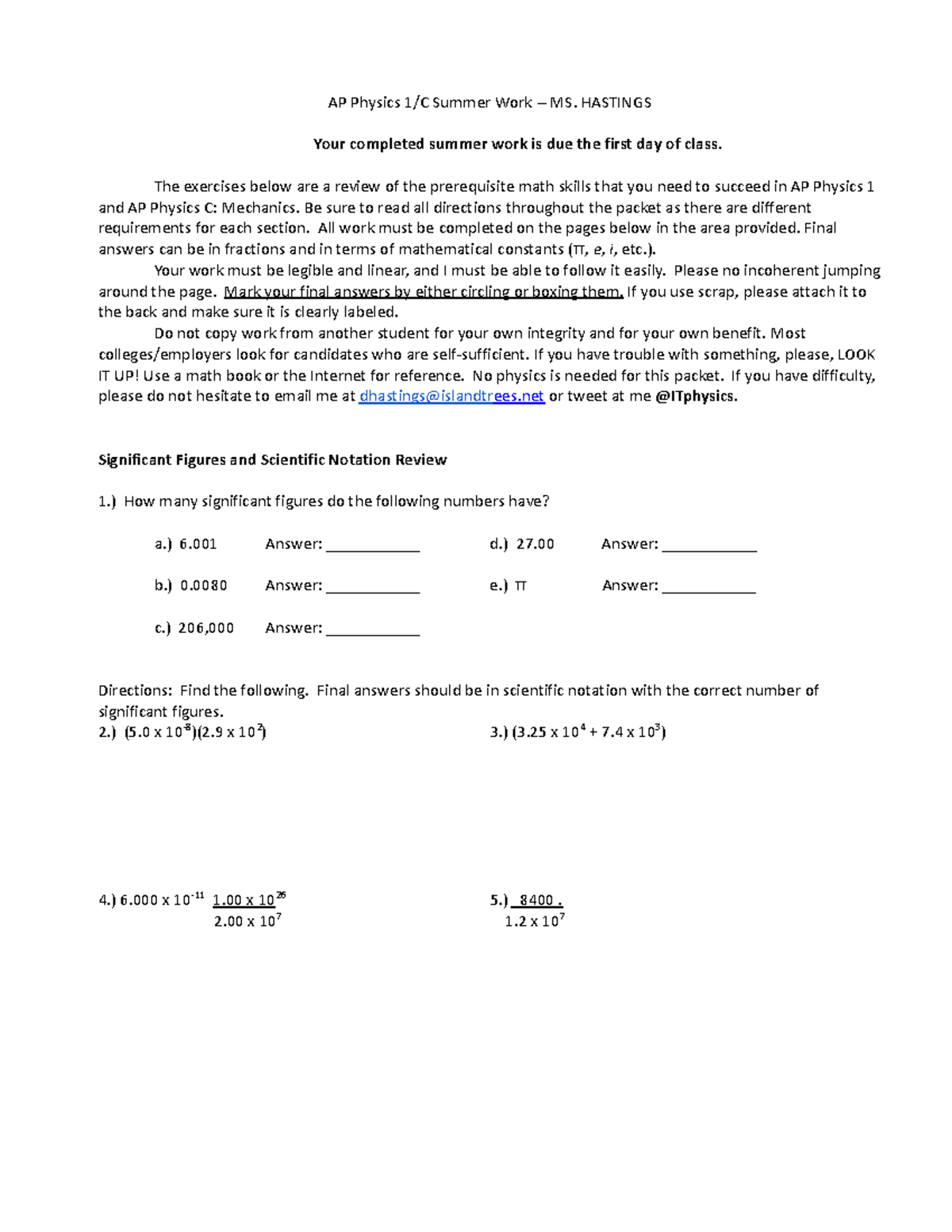 AP Physics 1 Summer Work: Math Skills Review and Exercises - Studocu