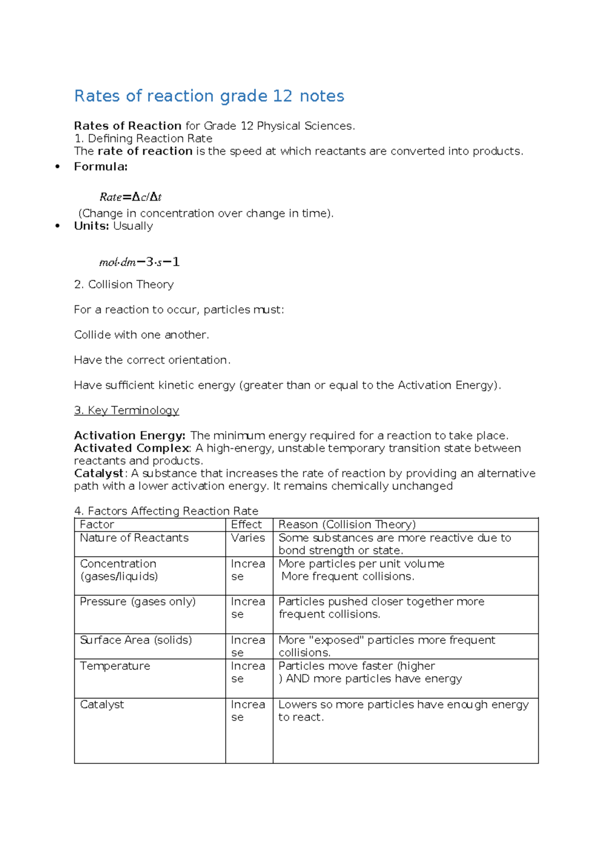 Rates of Reaction Notes for Grade 12 Physical Sciences (CF) - Studocu