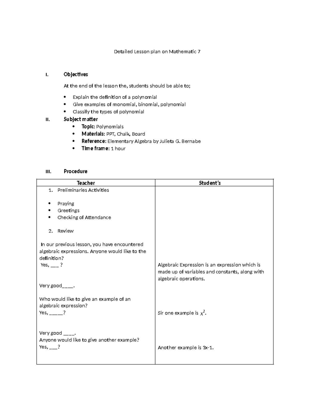 Detailed Lesson Plan on Polynomials for DLP Grade 7 Math - Studocu