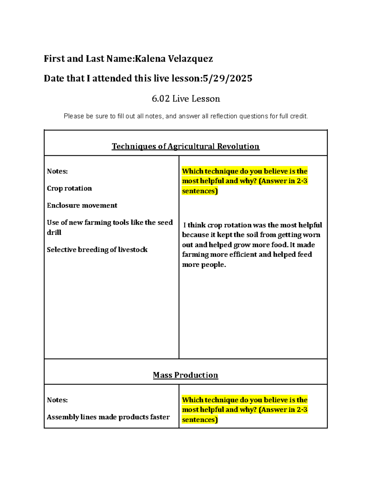 6.02 Industrial Revolution Live Lesson Worksheet Notes and Reflections ...