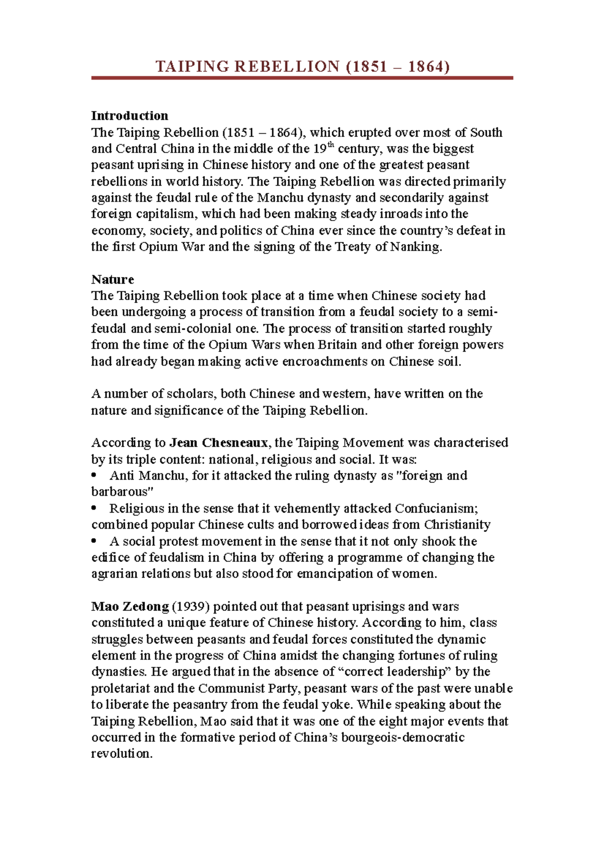 Taiping Rebellion (1851-1864): Key Notes & Analysis - Studocu